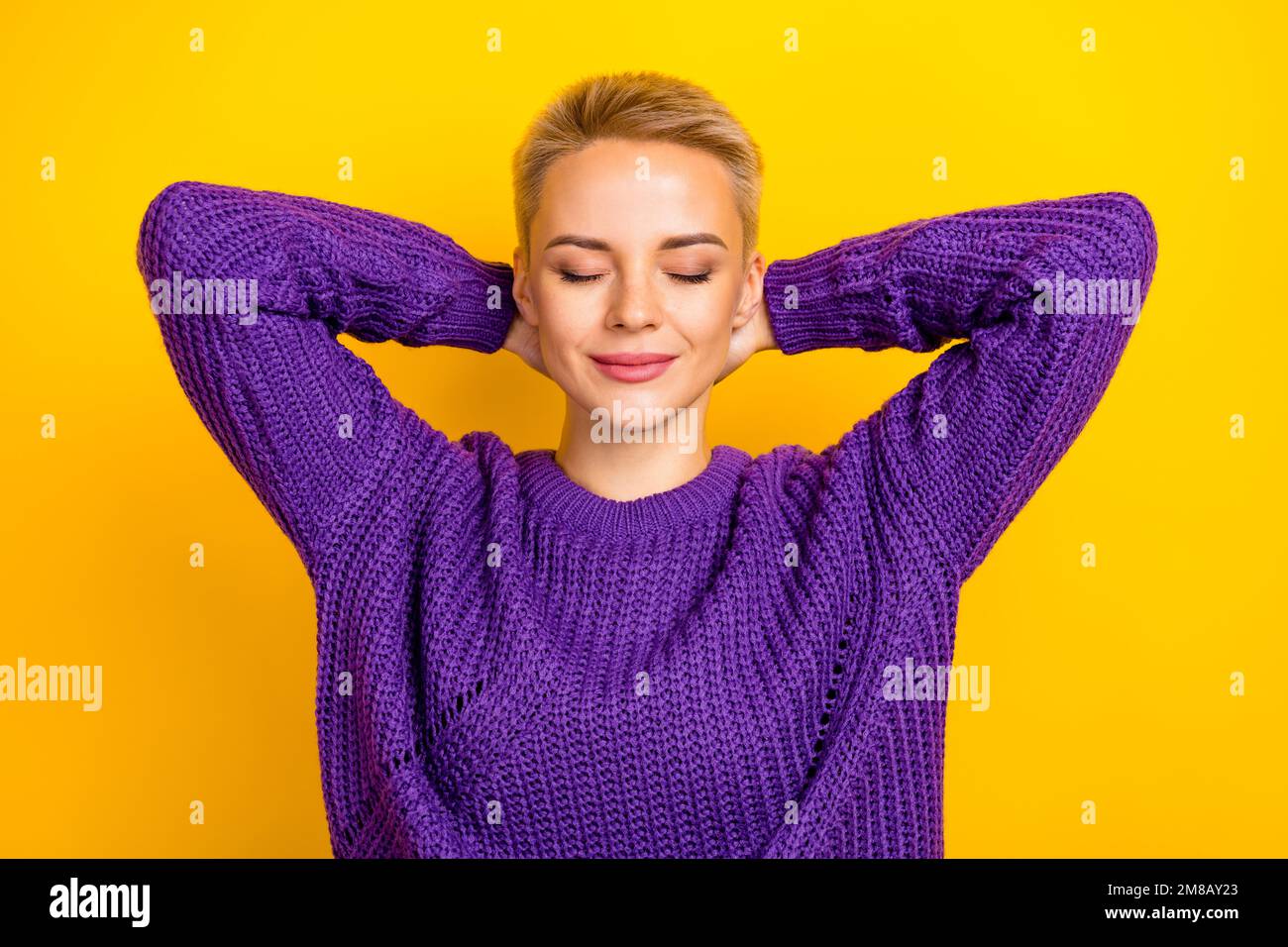 Close up photo of cute lovely lady hold arms behind head imagine ...