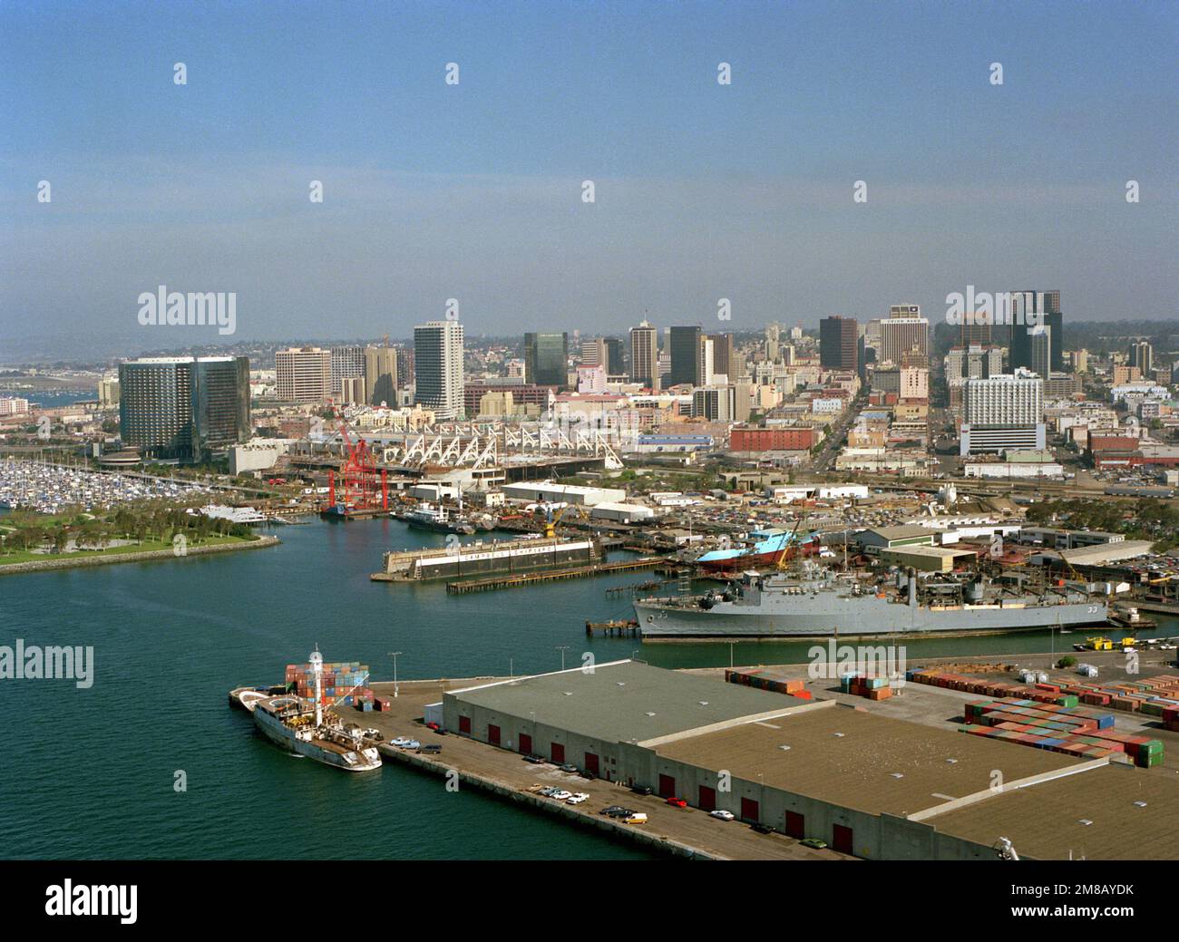 An aerial view of a portion of the city's docks, with the dock landing ...