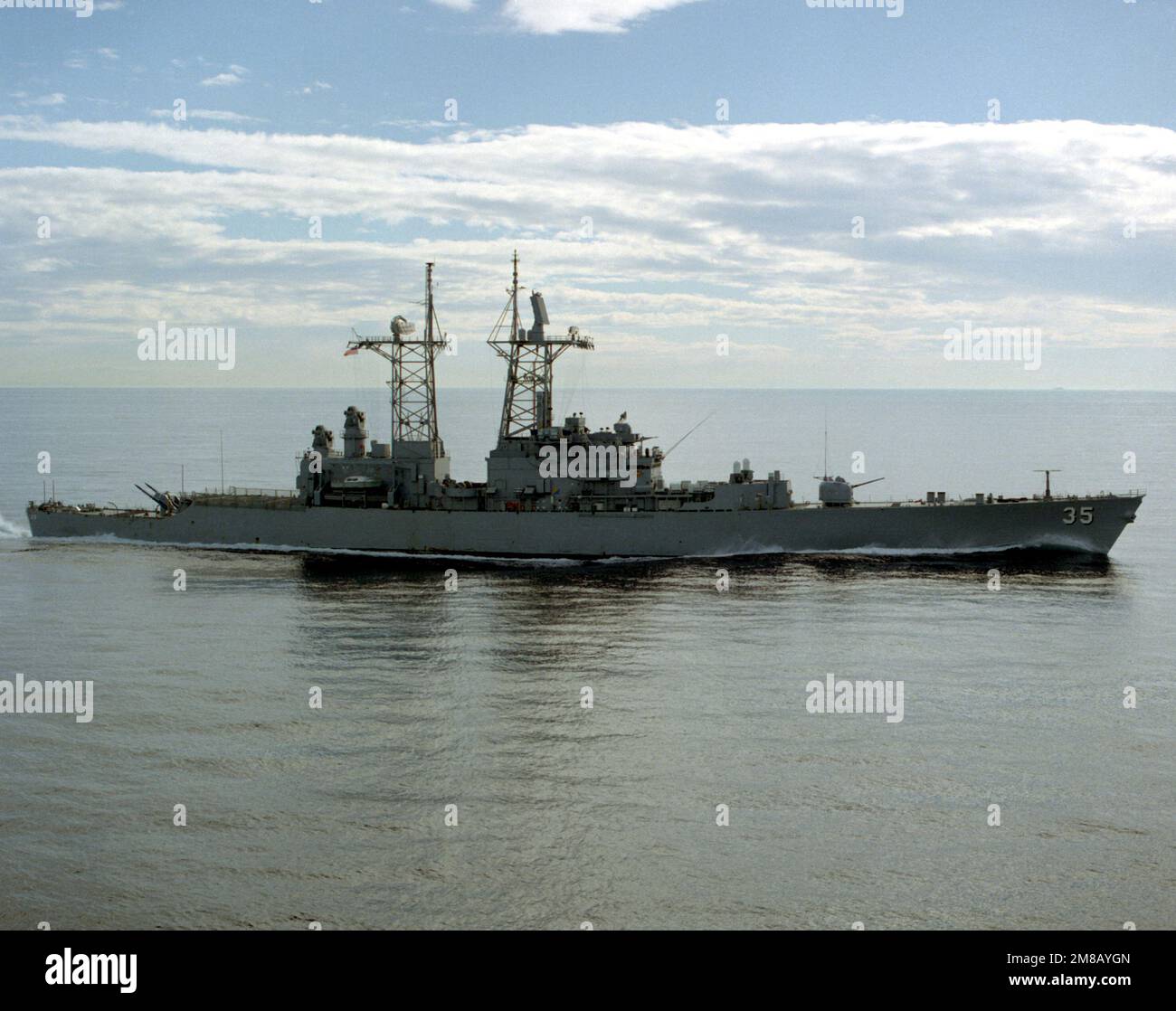 A starboard beam view of the nuclear-powered guided missile cruiser USS ...