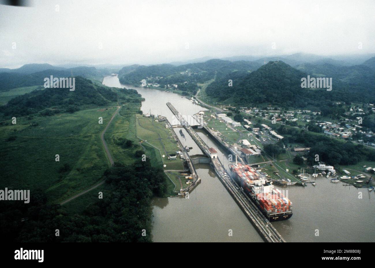 An aerial view of the Miraflores Locks of the Panama Canal. At center ...