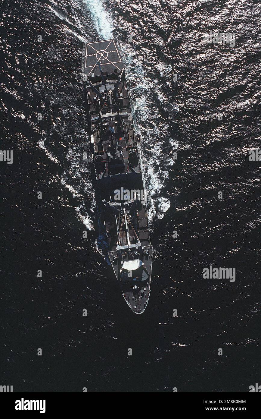 An overhead view of the amphibious cargo ship USS DURHAM (LKA-114 ...