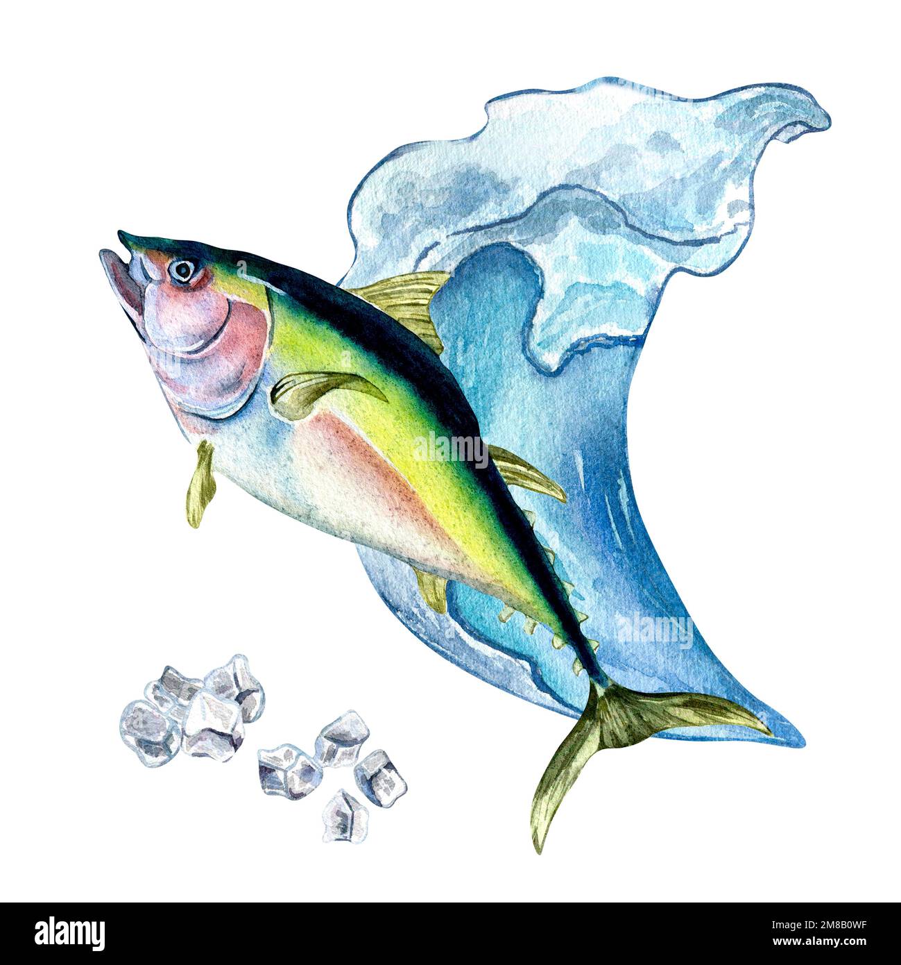 Composition of tuna and sea wave watercolor illustration isolated on ...