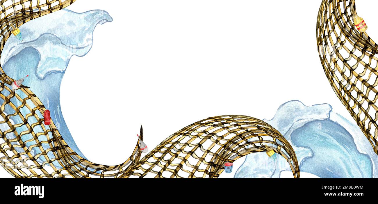 Banner of fishing net and buoy, seascape watercolor illustration ...