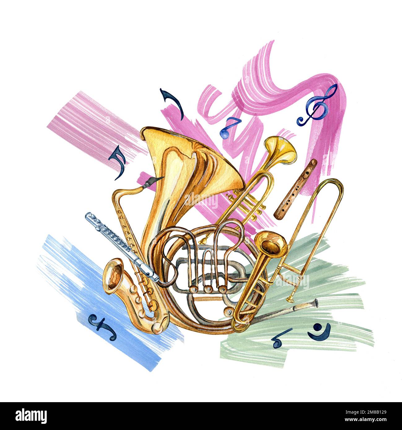 Wind musical instruments, symbols and paint stroke watercolor ...