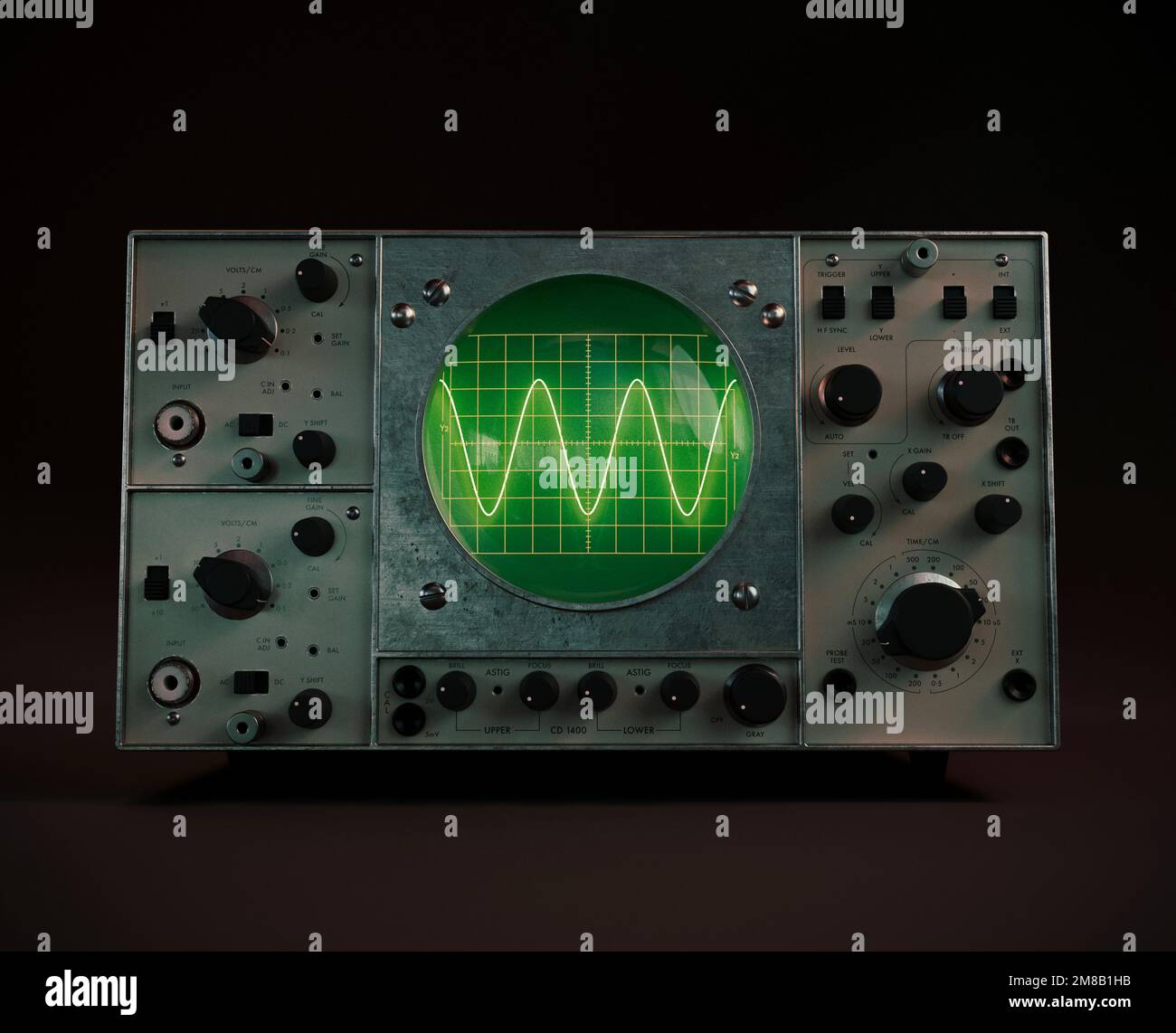 A vintage classic oscilloscope machine on an isolated dark background ...