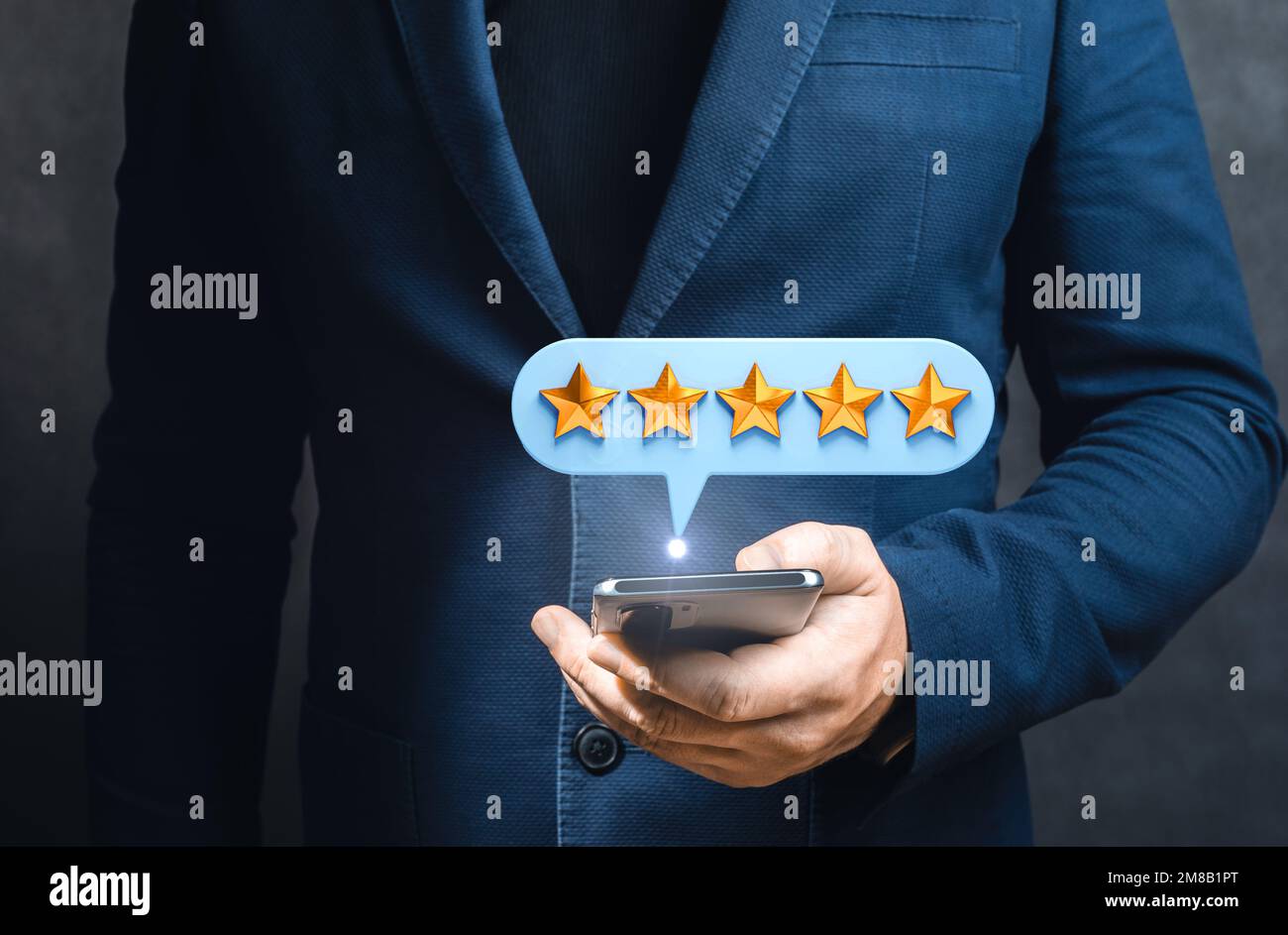 Businessman customer giving five star rating on phone.Customer Experiences Concept. Happy Client ...