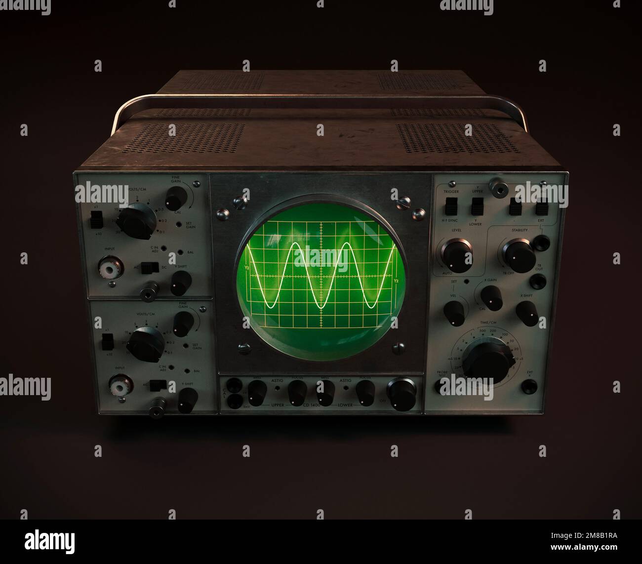 A vintage classic oscilloscope machine on an isolated dark background ...