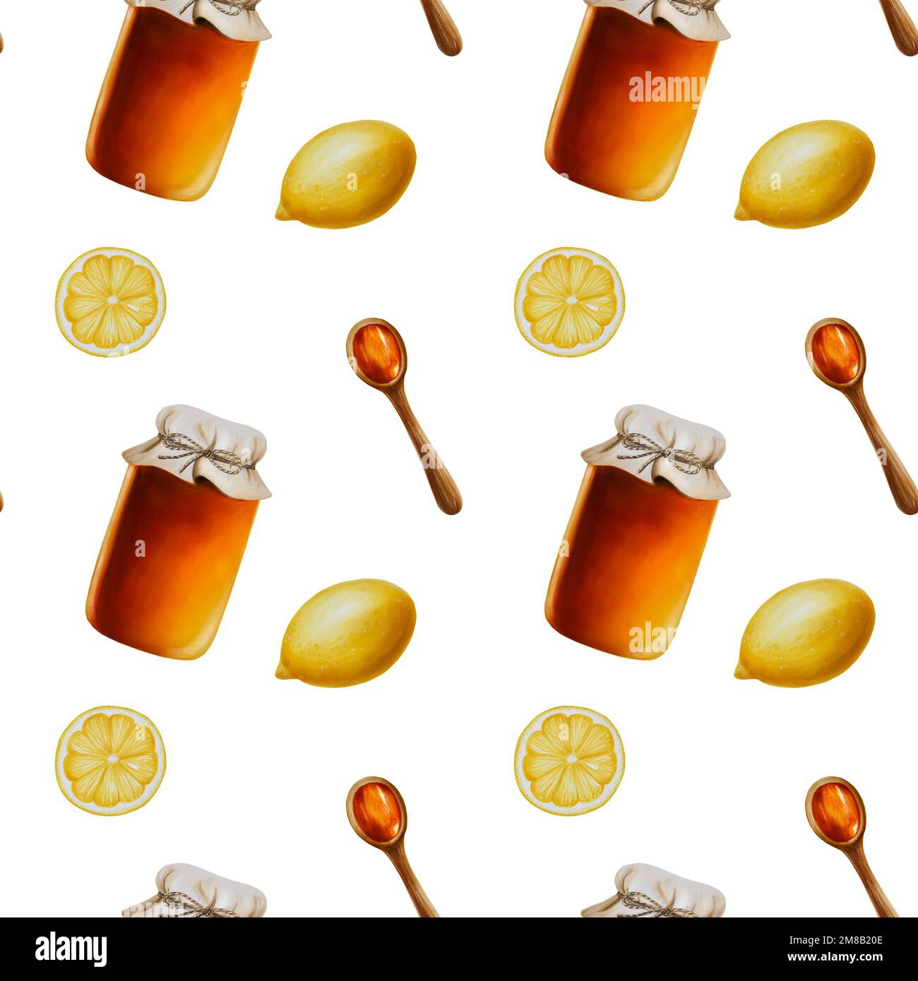 Watercolor seamless pattern with amber linden honey jars with lemon ...