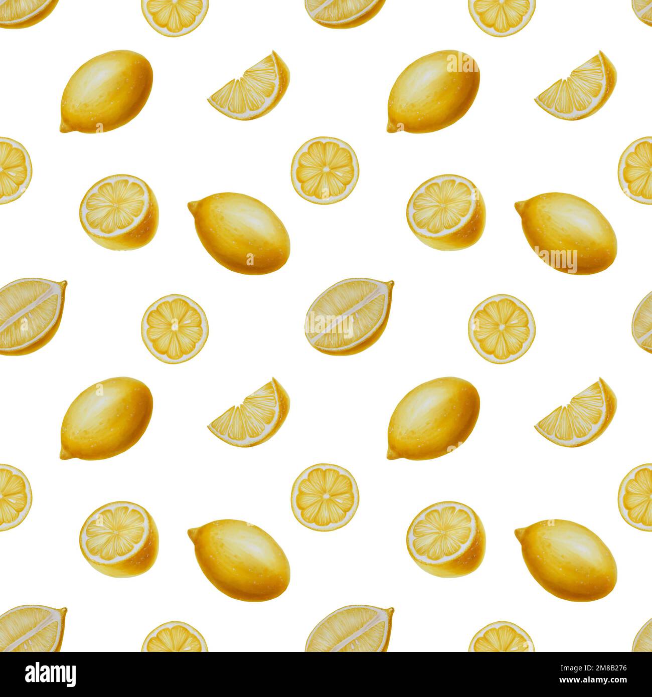 Watercolor seamless pattern with lemon. Includes lemon slices, cut lemon. Hand drawn realistic ...