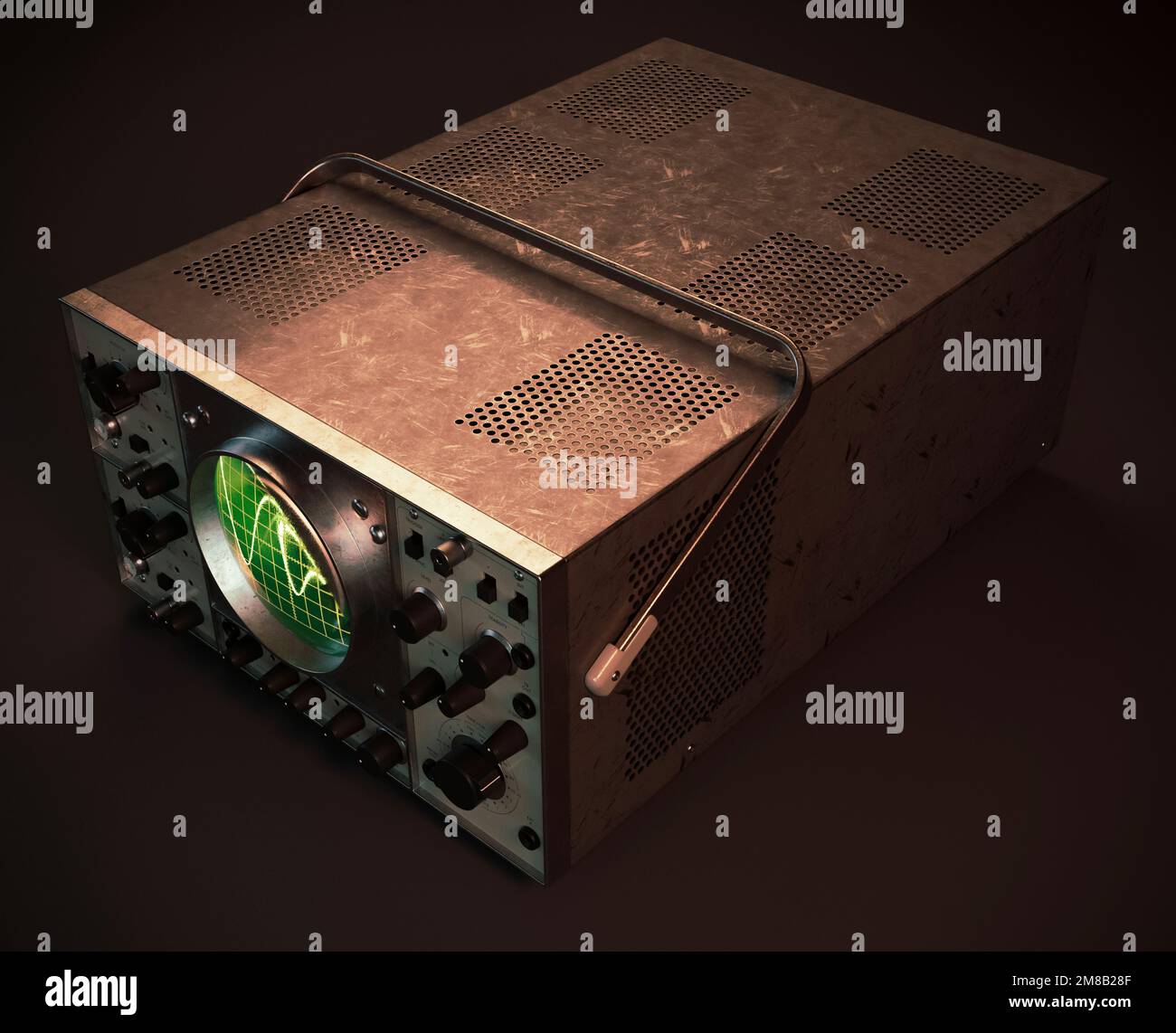 A vintage classic oscilloscope machine on an isolated dark background ...