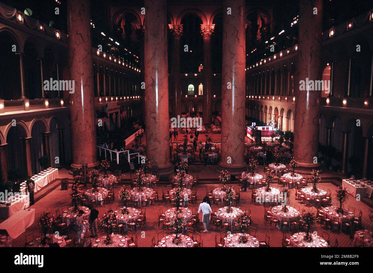 The interior of a banquet hall as guests arrive for the Inauguration ...