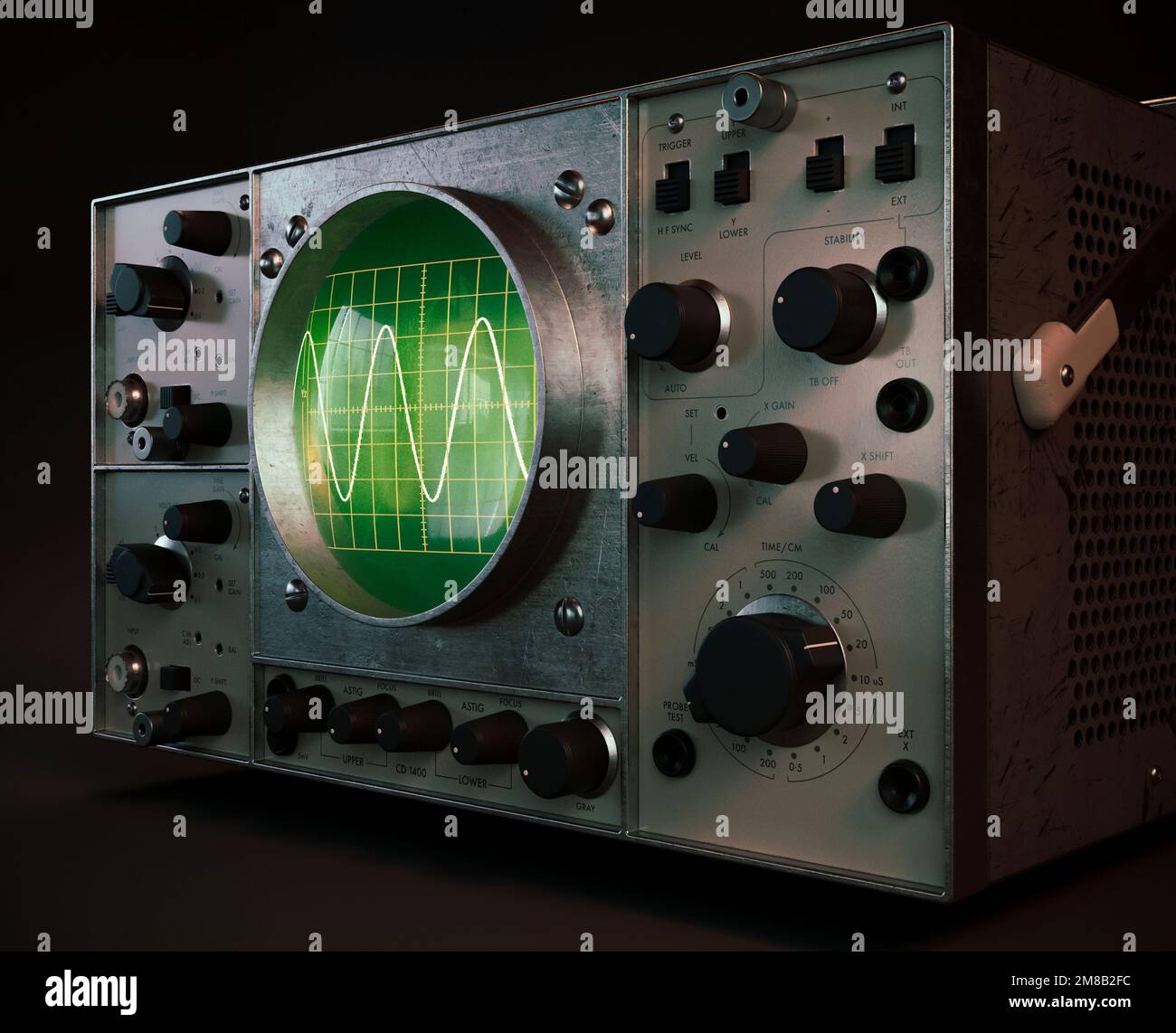 A vintage classic oscilloscope machine on an isolated dark background ...