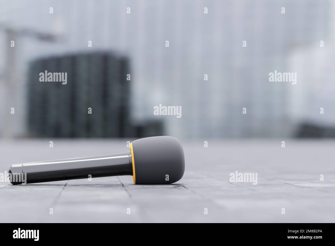reportage microphone on city urban background. Journalistic ...