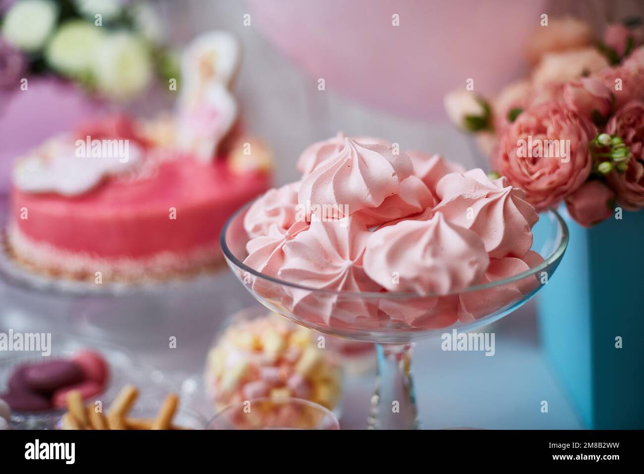 pink marshmallows on a candy bar decorated on a sweet table Stock Photo ...