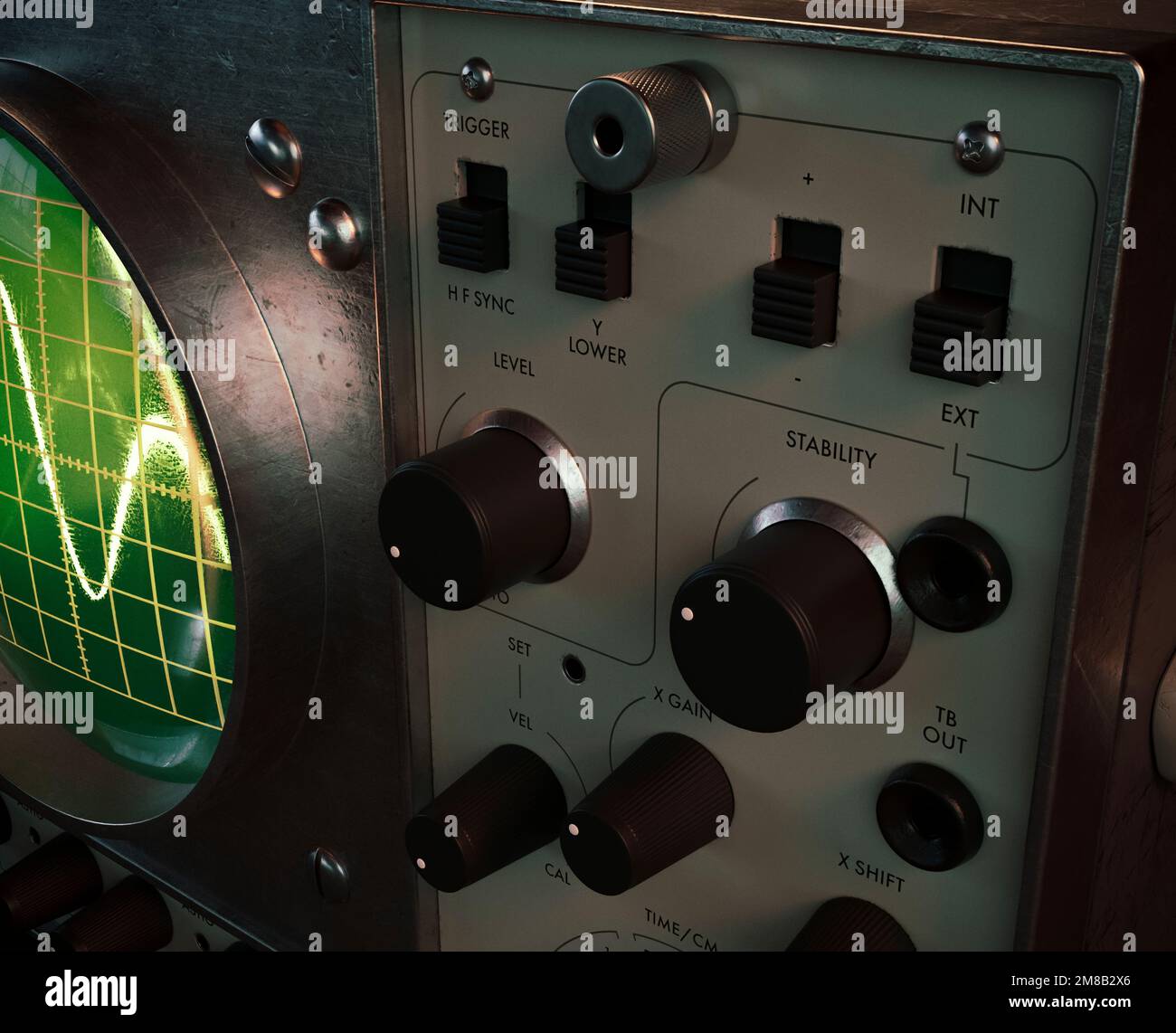 A vintage classic oscilloscope machine on an isolated dark background ...
