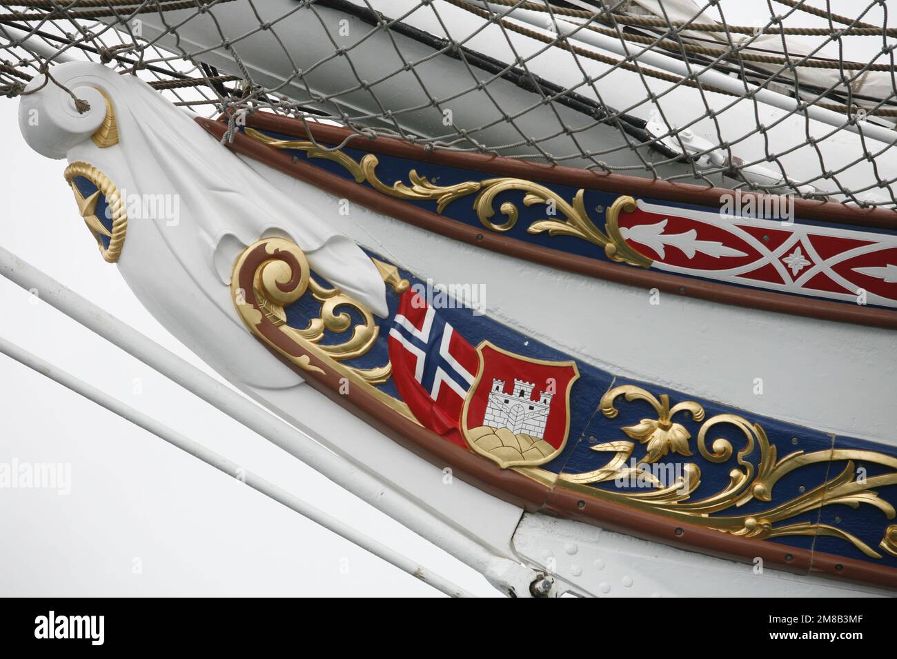 Carving on bow of Norwegian tall ship Statsraad Lehmkuhl Stock Photo ...