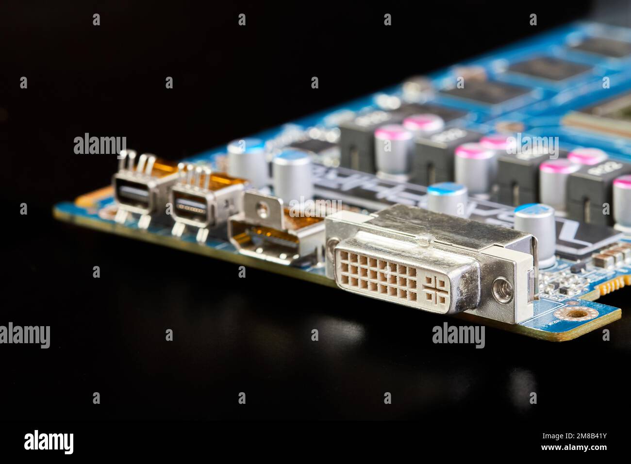 VGA, HDMI, DP connectors on the Computer graphics card on black ...