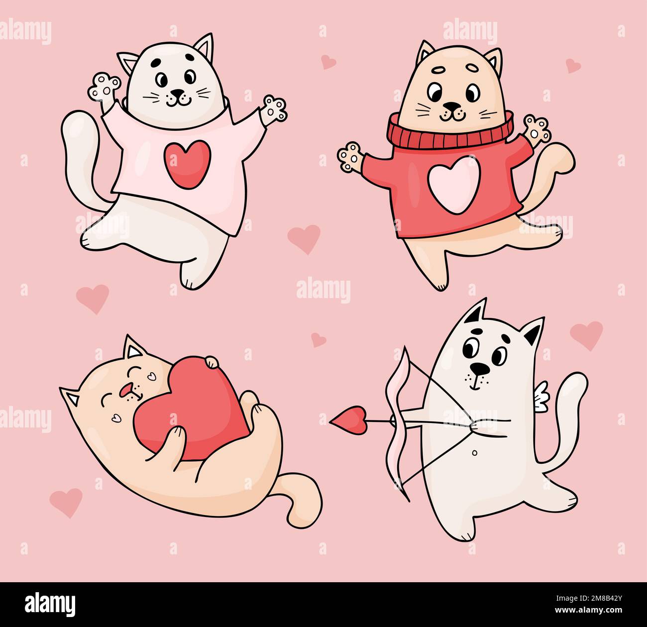 Collection cats in love. Cute cupid kitten with arrow and happy pets ...