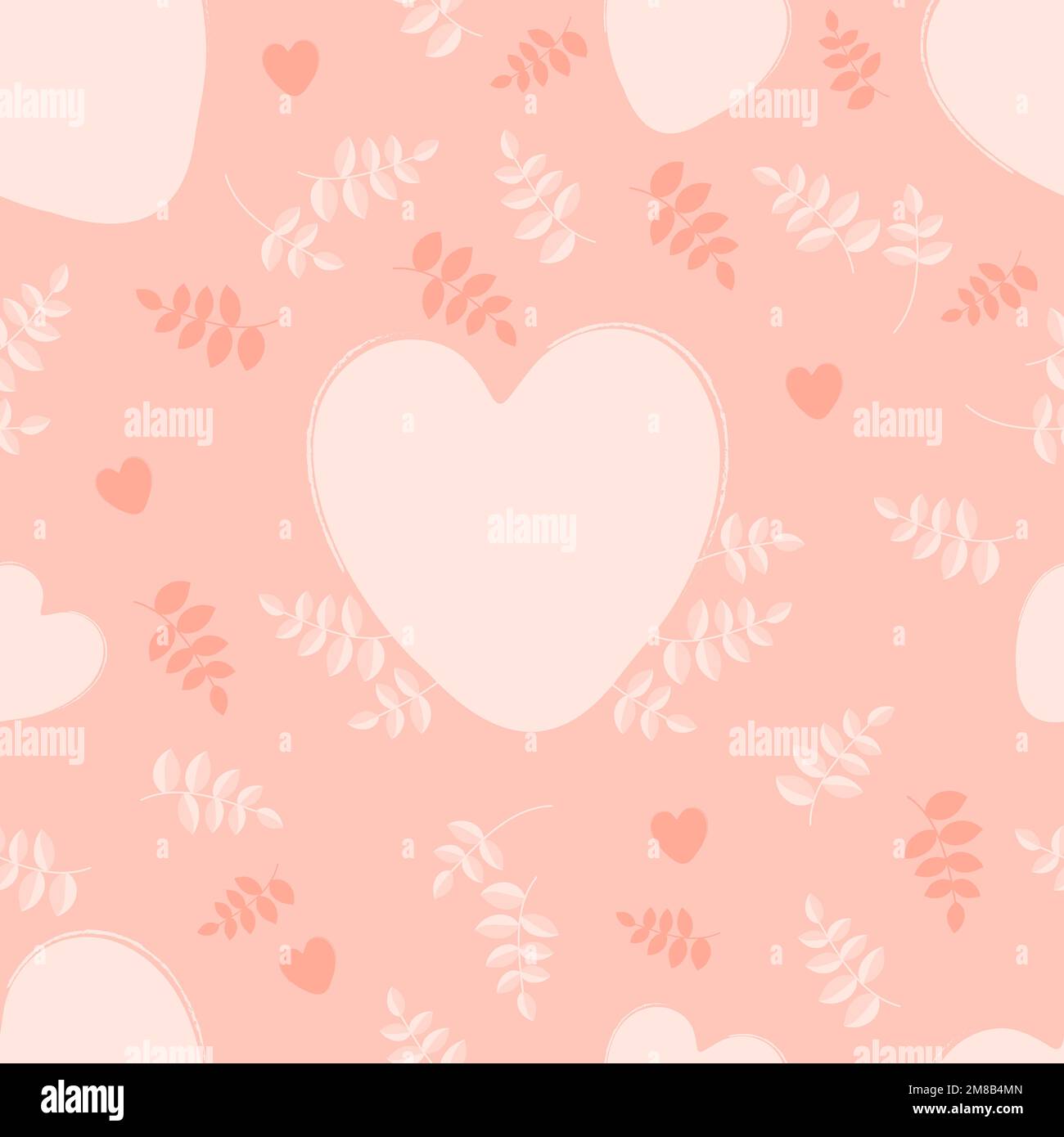 Romantic seamless pattern with hearts and leaves plants on pink ...