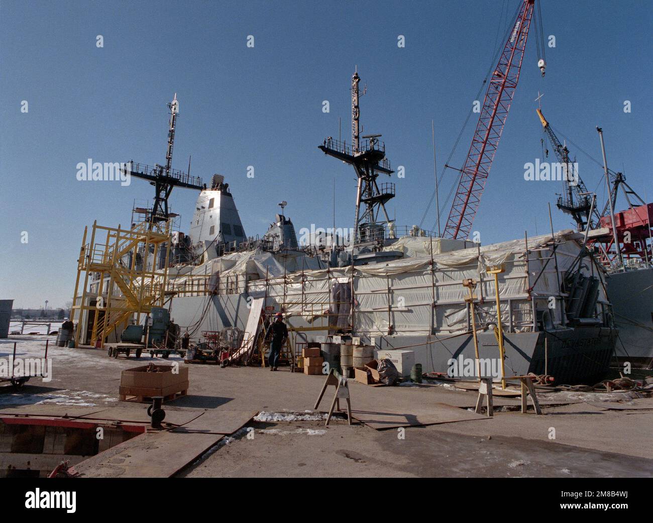 A port quarter view of construction progress aboard the mine ...