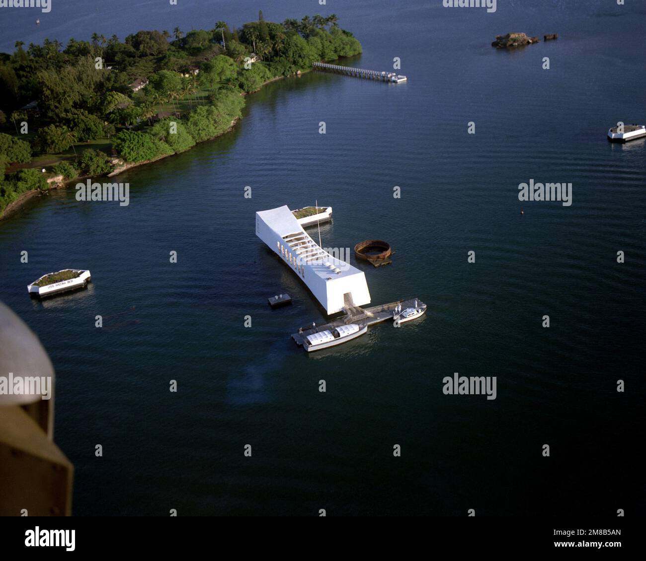 An aerial view of the ARIZONA (BB-39) Memorial. Subject Operation ...