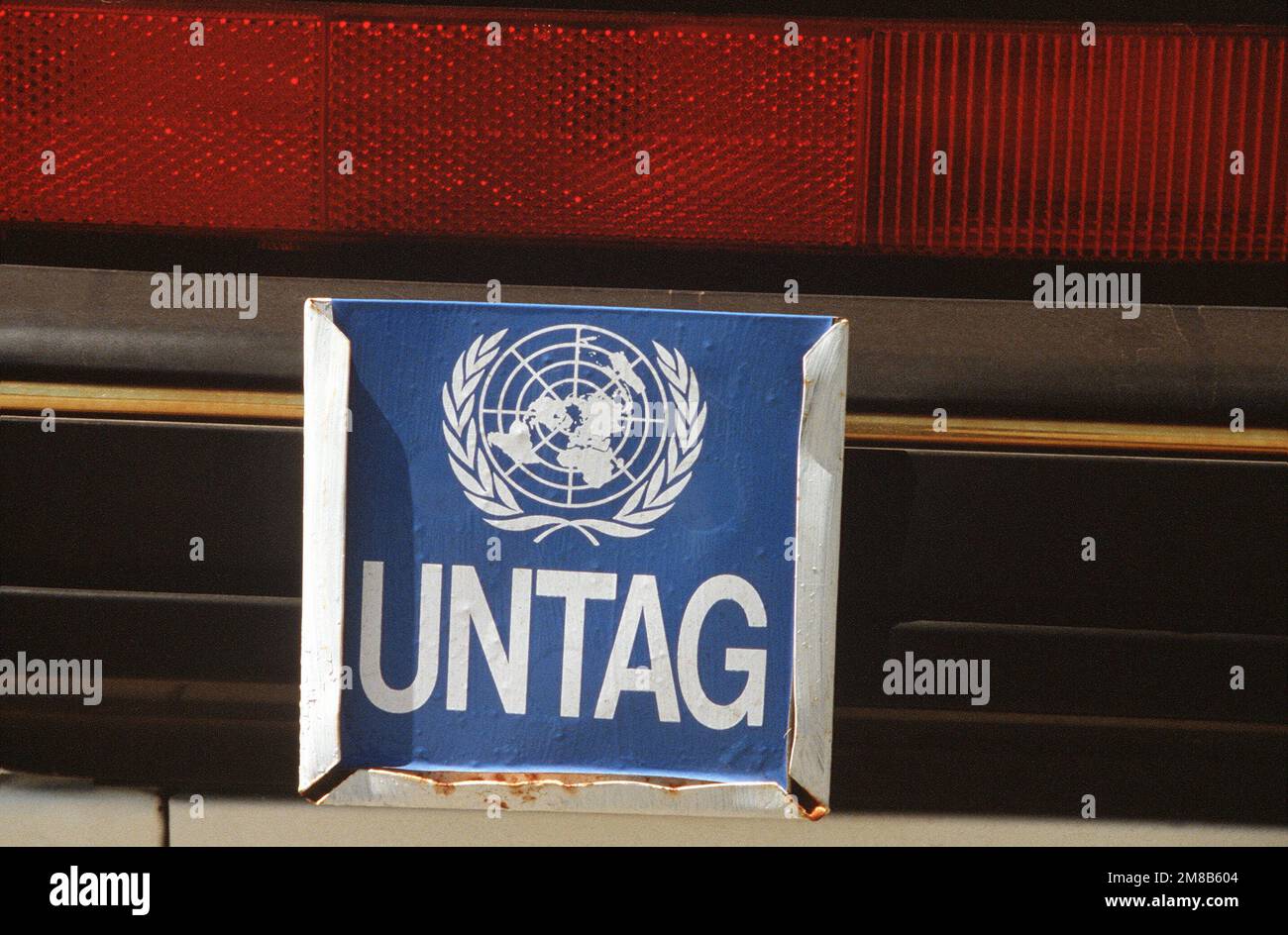 A close-up view of a United Nations Transition Assistance Group (UNTAG ...