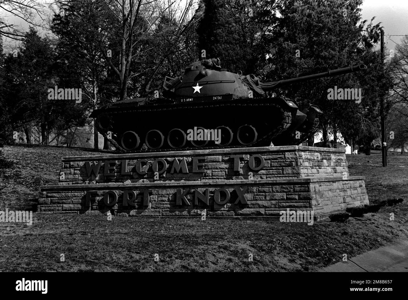 An M-48 main battle tank stands at the entrance to the U.S. Army Armor ...