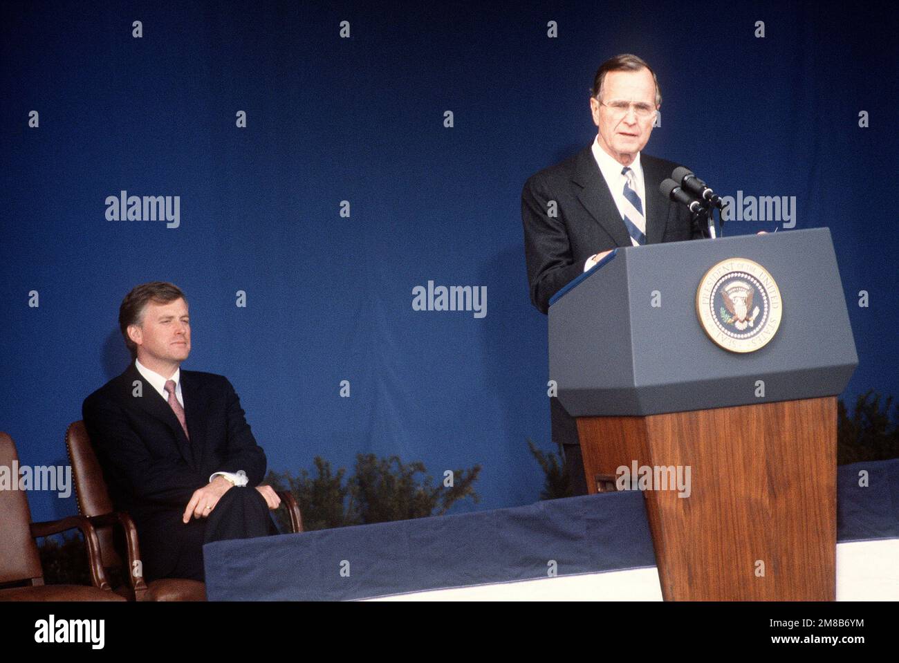 President George H. W. Bush speaks at the Pentagon during the swearing ...