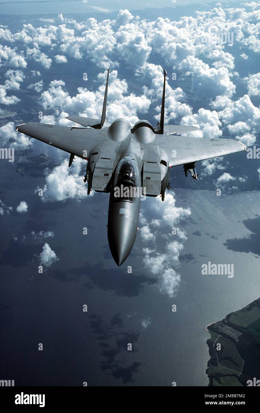 An air-to-air front view of an F-15E Strike Eagle aircraft of the 336th ...
