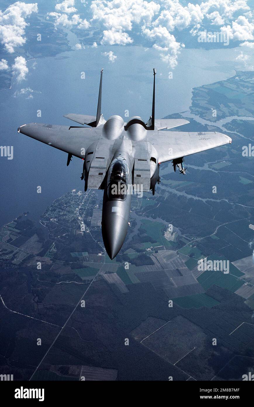 An air-to-air front view of an F-15E Strike Eagle aircraft of the 336th ...