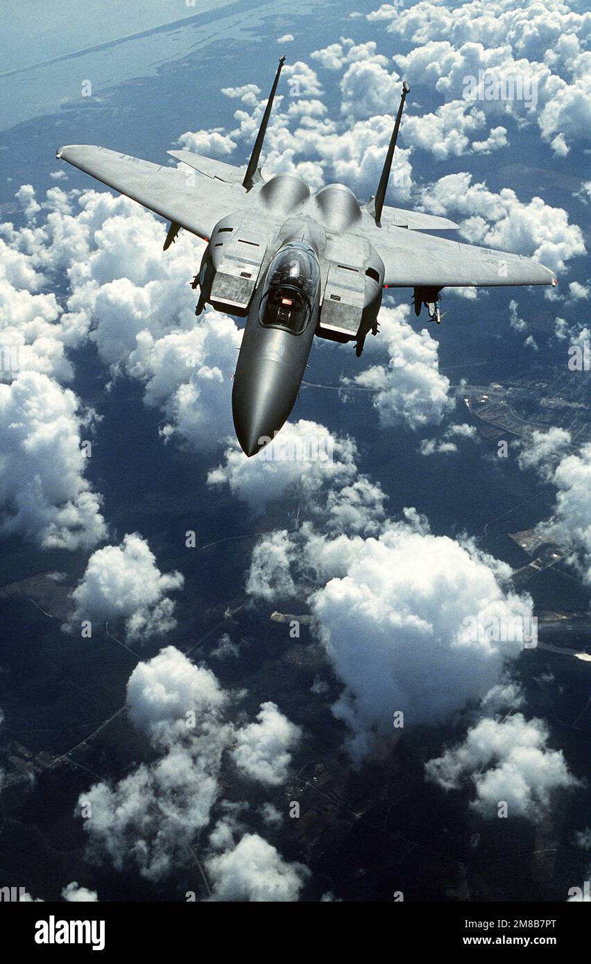 An air-to-air front view of an F-15E Strike Eagle aircraft of the 336th ...