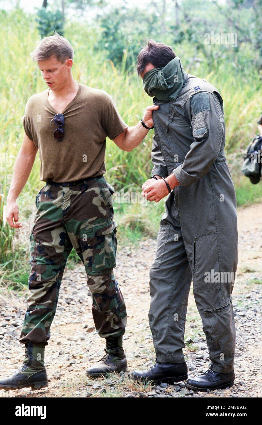 A blindfolded and handcuffed captain is taken away for questioning ...