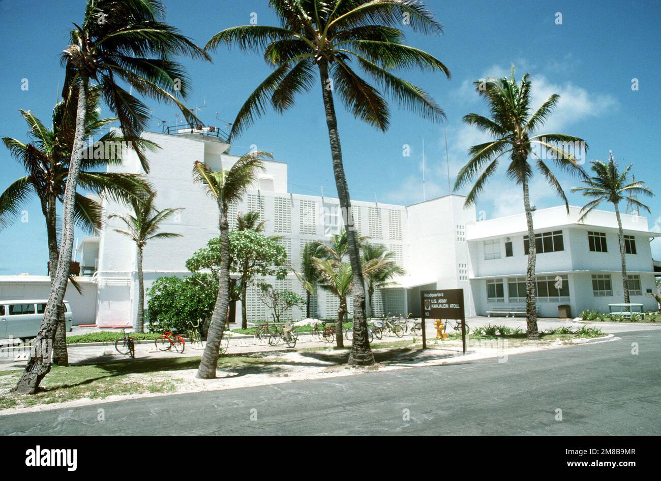 A view of the U.S. Army's headquarters building on Kwajalein Atoll ...