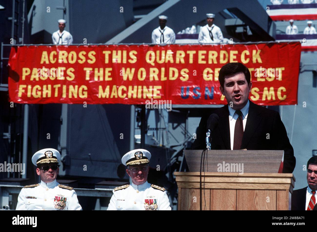 Secretary of the Navy William L. Ball III speaks at the commissioning ceremony for the dock ...