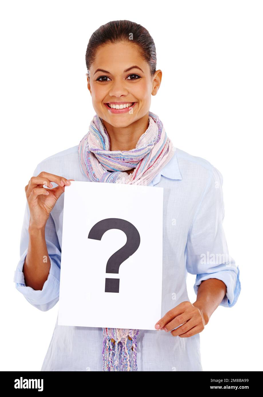 Black woman, question paper and smile portrait for poster advertising ...