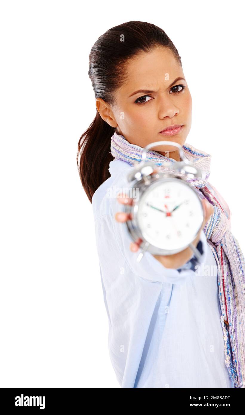 Black woman, serious face and clock for alarm, time management and ...