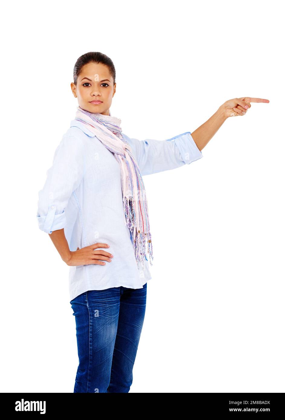 Portrait, black woman and pointing for marketing, advertising and ...