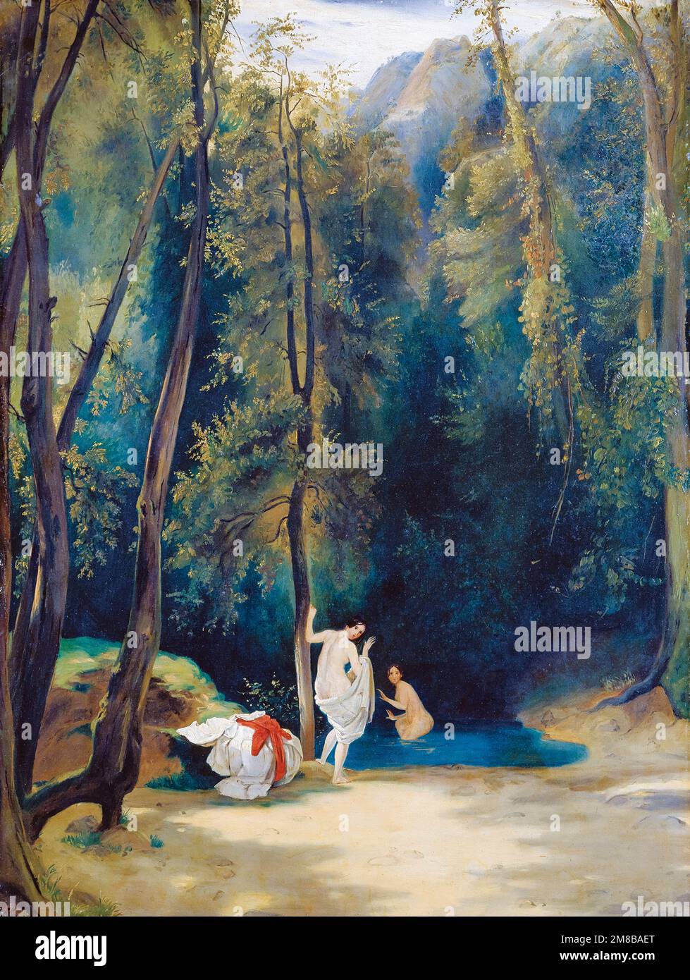 Carl Blechen, Women Bathing in the Park of Terni, painting in oil on ...