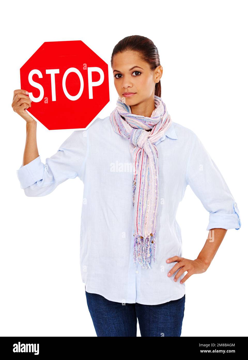 Woman with stop road sign, traffic rules and caution in portrait with ...