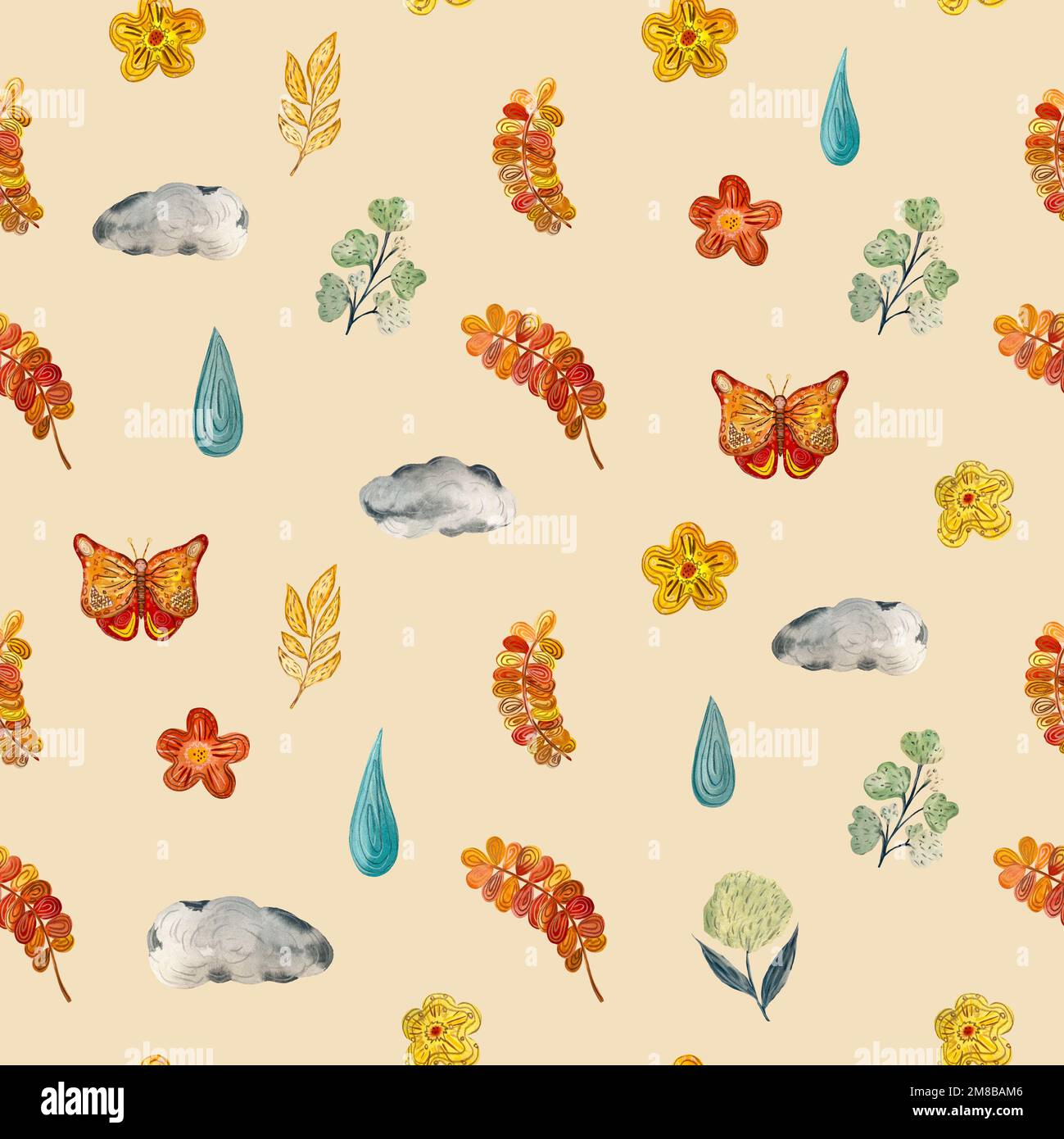 Flower butterfly drop cloud textured beige pattern Stock Photo - Alamy