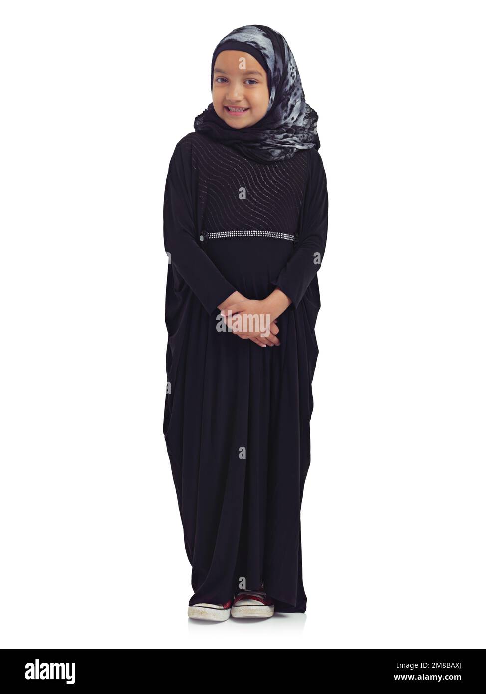 Islamic clothes, young child and smile standing in white background for ...