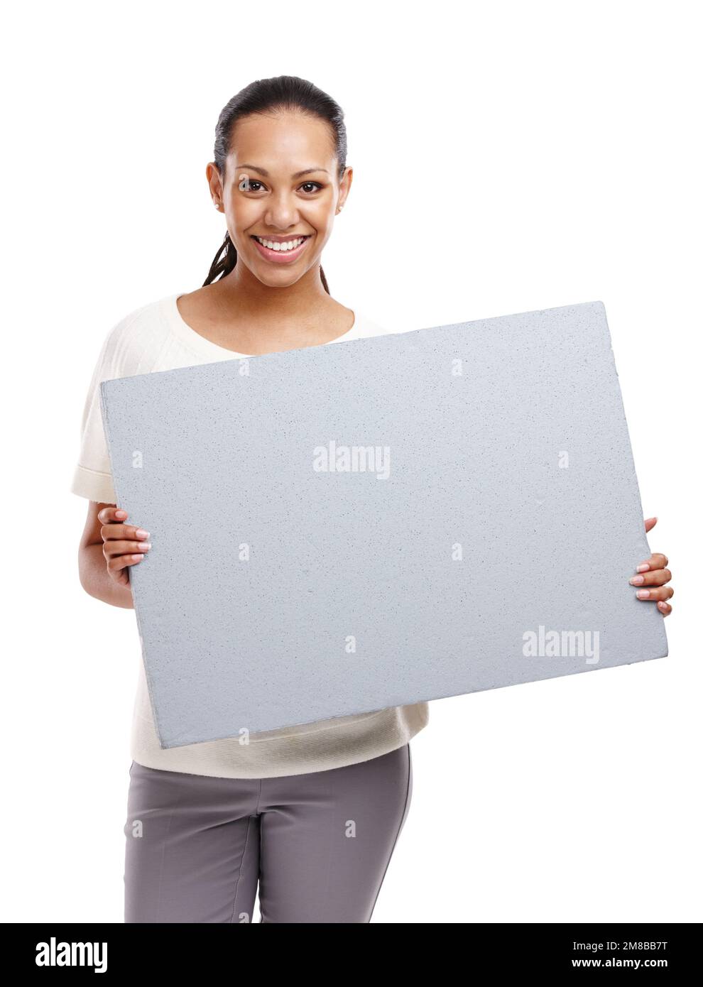 Studio portrait, marketing poster and woman with smile, mockup and happy by white background ...