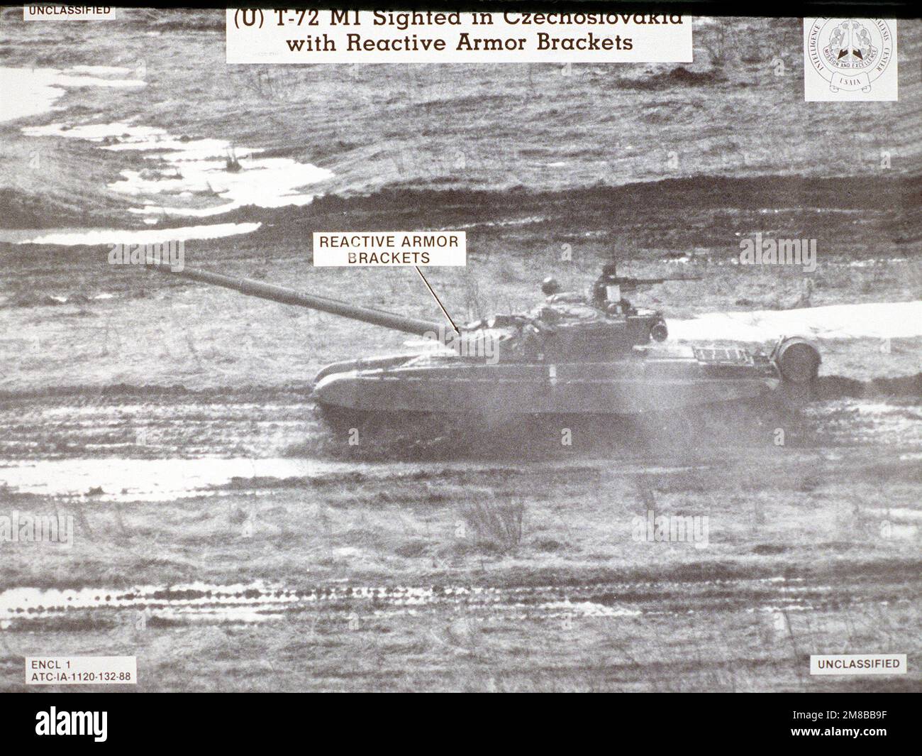 A left side view of a Soviet T-72 M1 main battle tank fitted with ...