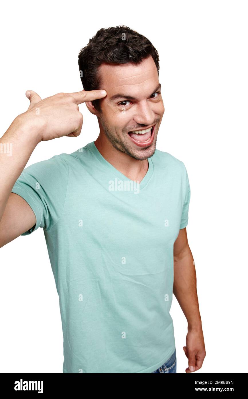 Portrait, man and pointing to head for idea, thinking and guy isolated ...