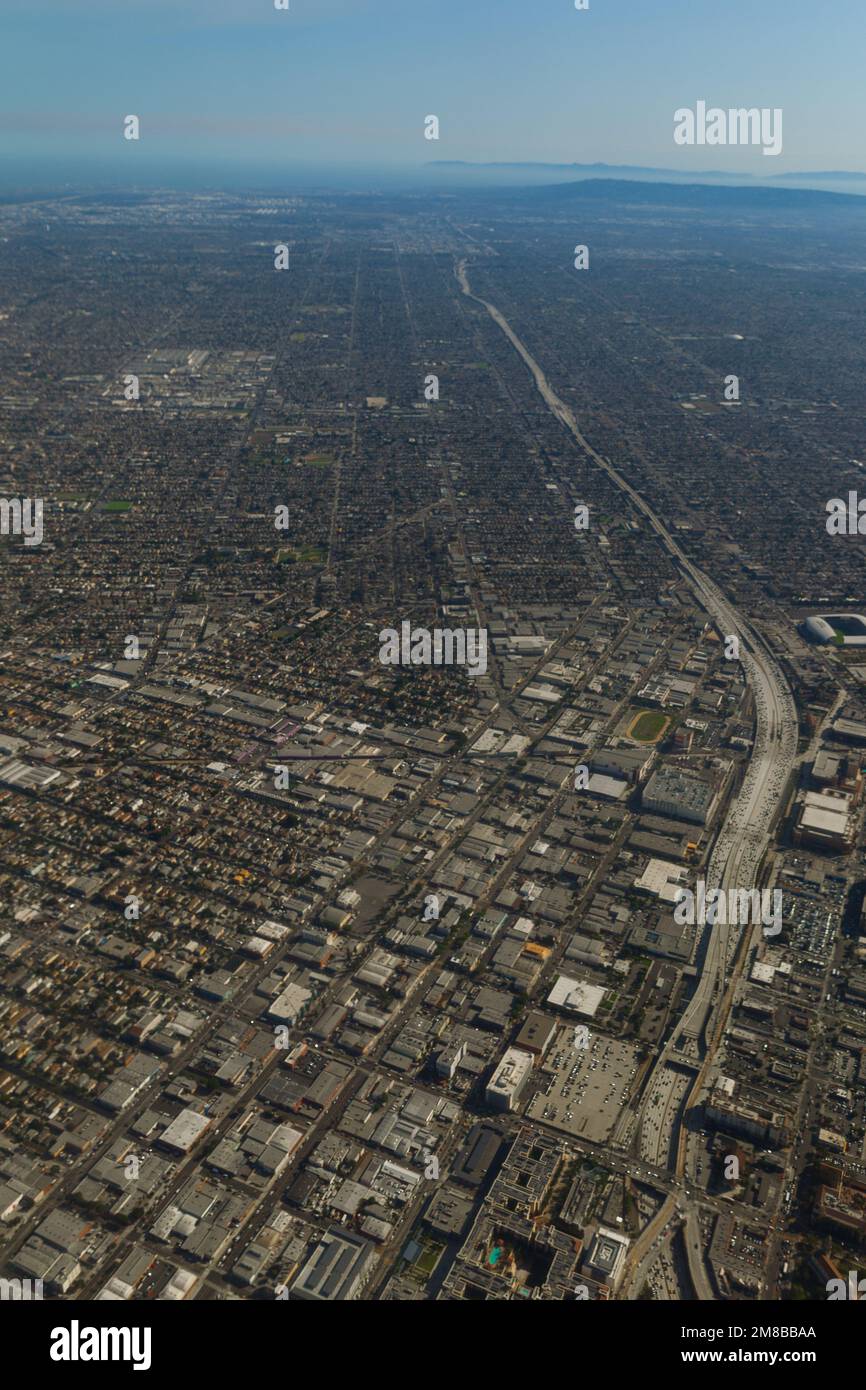 An aerial view of the Los Angeles Harbor Freeway in Los Angeles ...