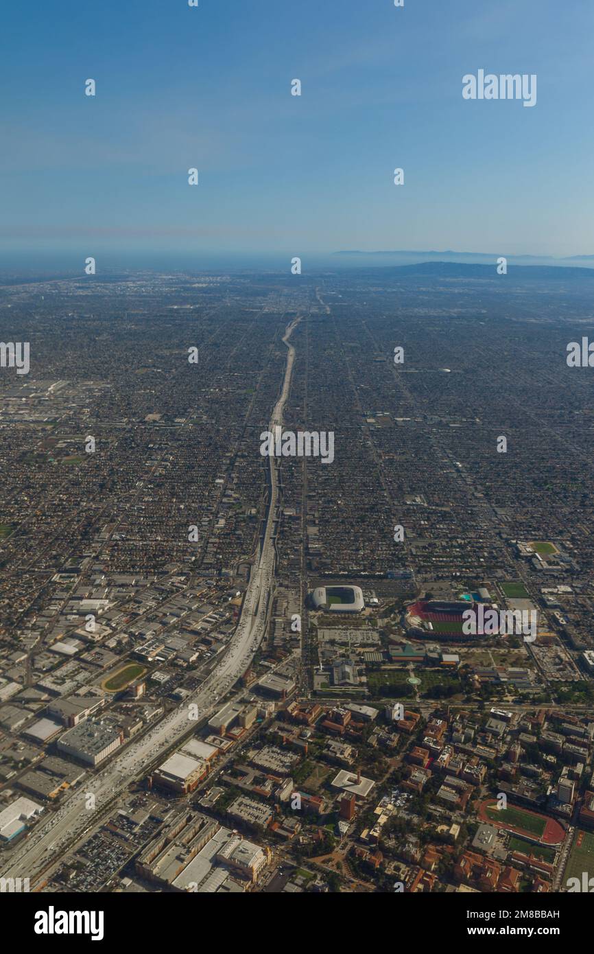 An aerial view of the Los Angeles Harbor Freeway in Los Angeles ...
