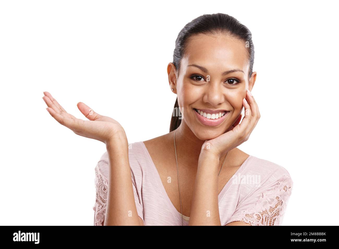 Hand, mockup space and portrait of black woman advertising product ...