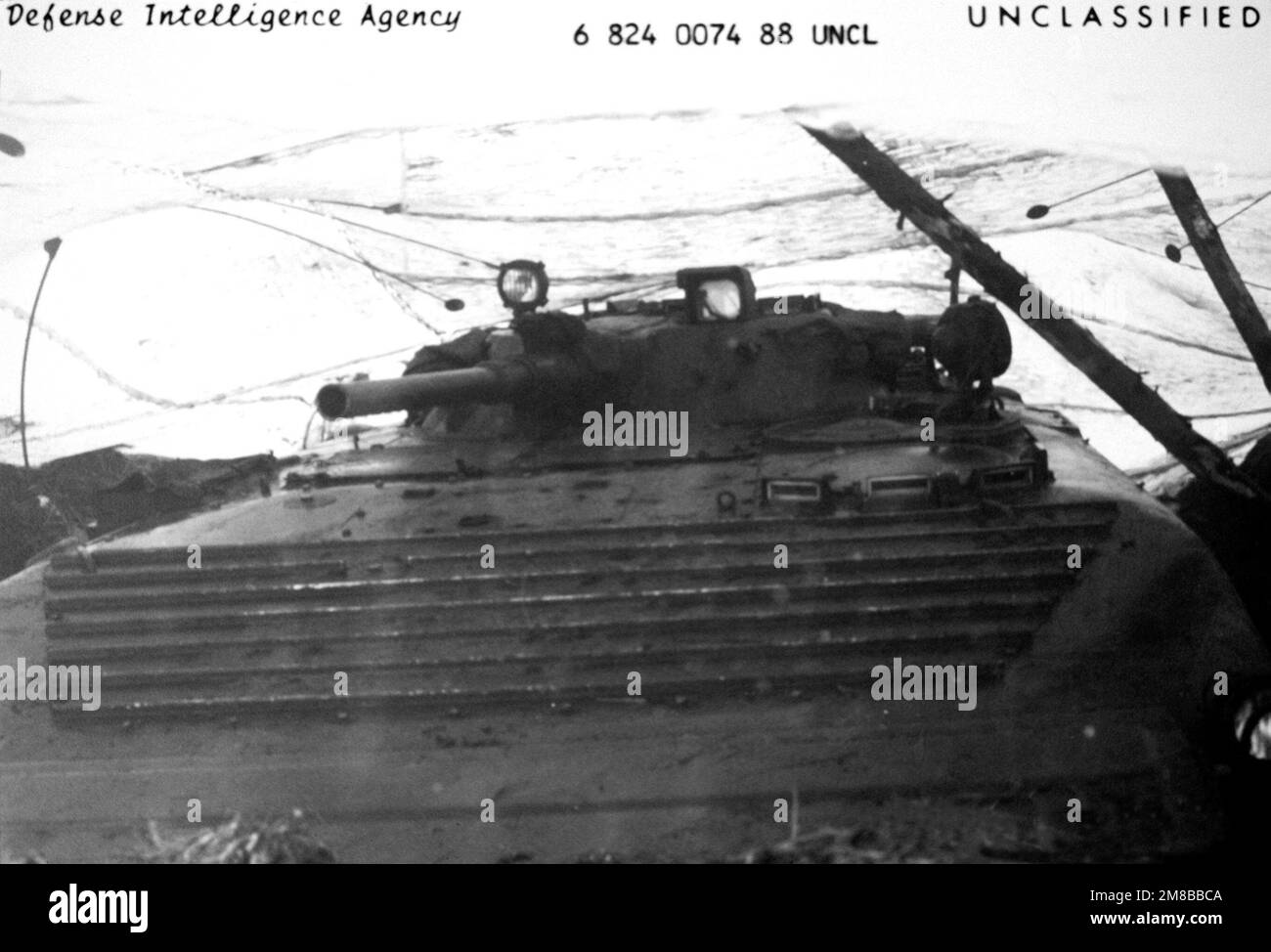 A front view of a Soviet BMP-1 tracked infantry combat vehicle with a ...