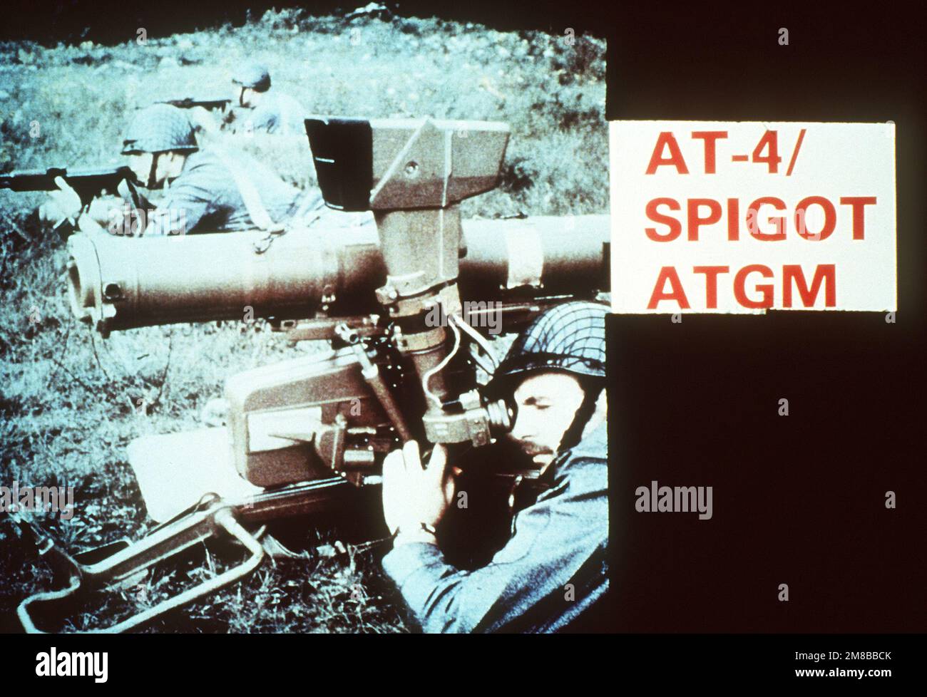 A left side view of a soldier aiming a Soviet AT-4 Spigot anti-tank ...