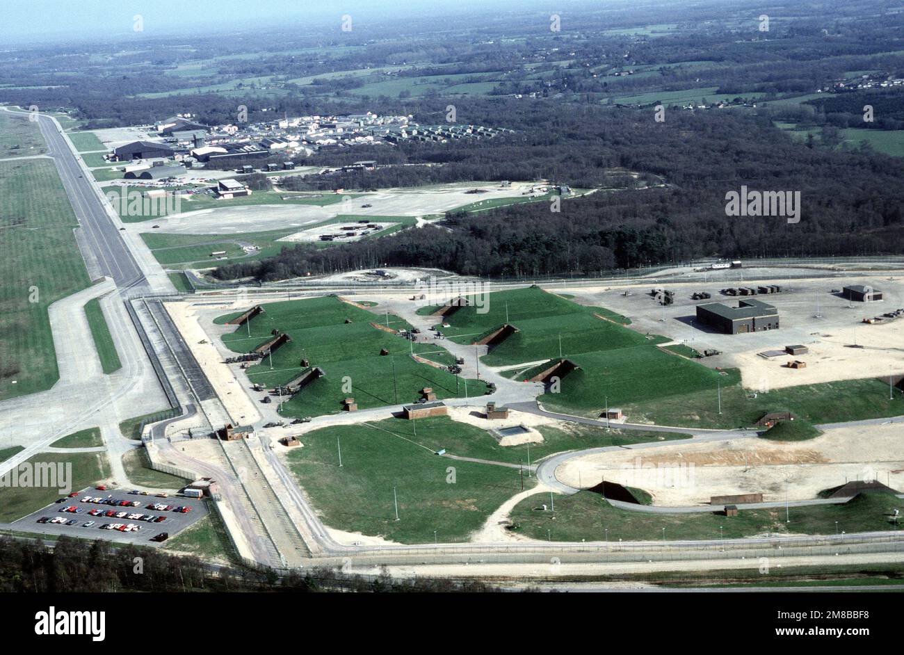 An aerial view of a portion of the base, showing some of the bunkers in ...